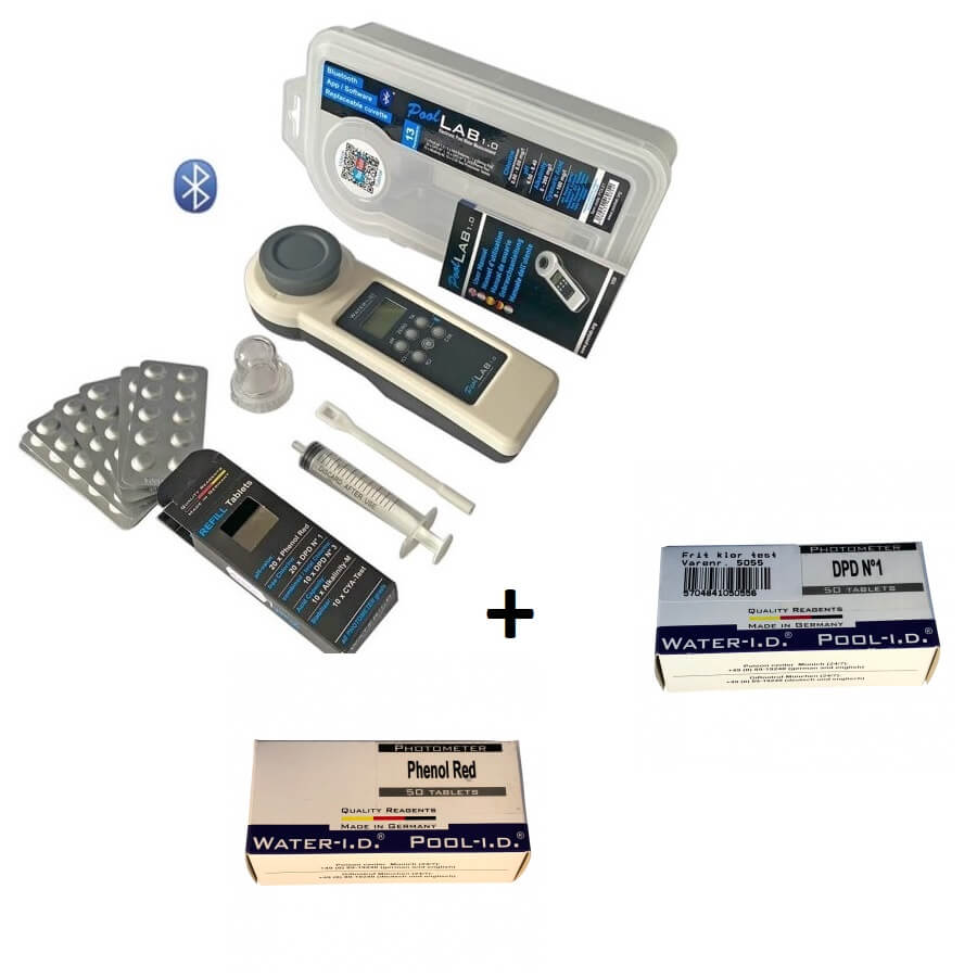 Pakke med PoolLab Digital Pooltester plus Ekstra refill tabletter ...
